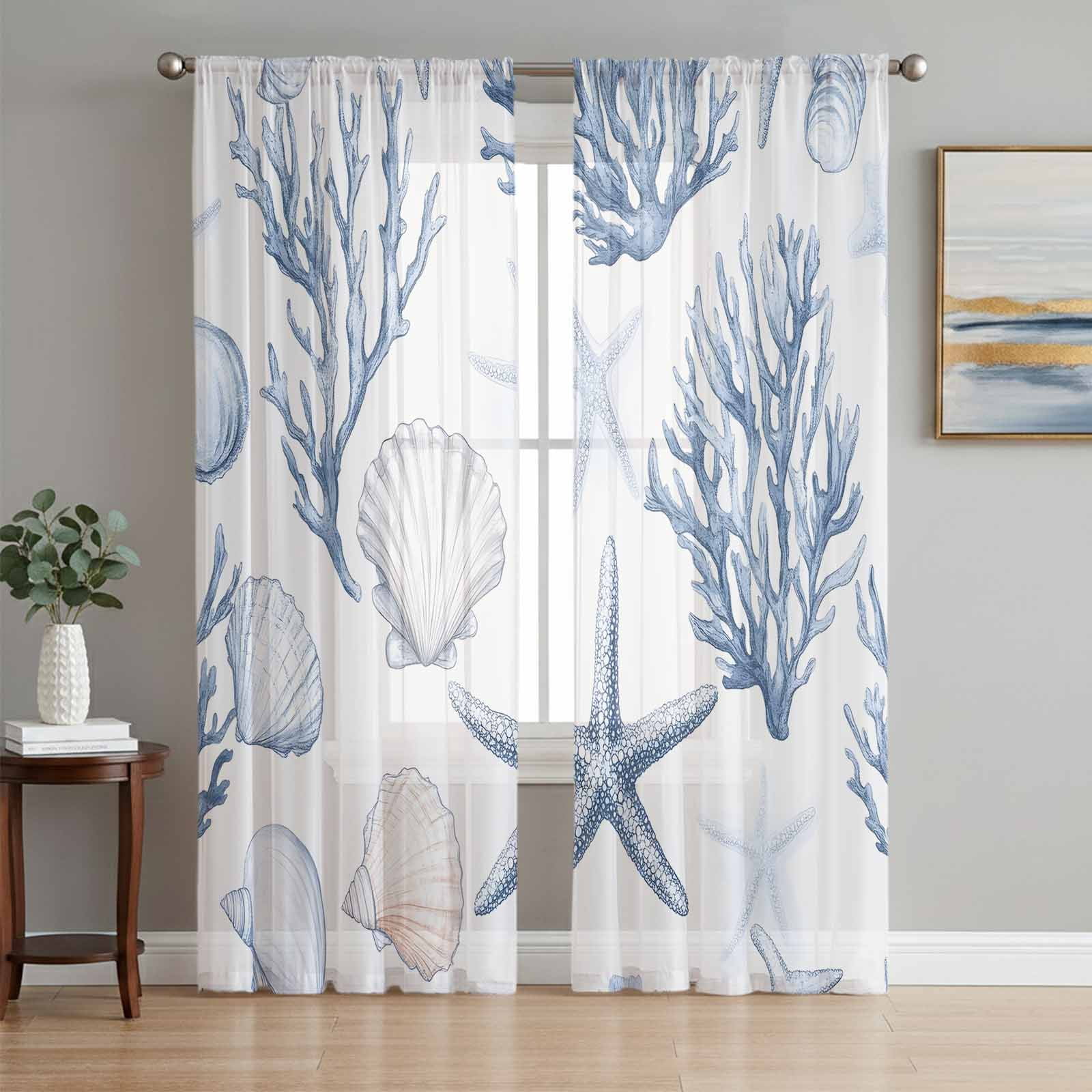 Blue Coastal Nautical Sheer Curtains 96 Inch Length 2 Panels Set ...