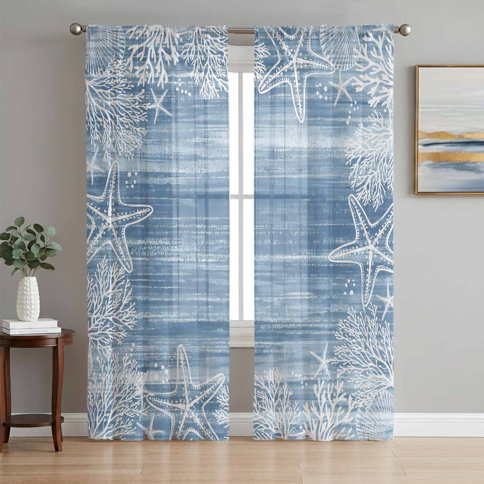 Blue Coastal Nautical Sheer Curtains for Living Room Bedroom Summer ...
