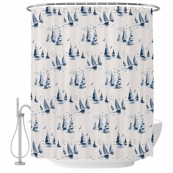 Blue Coastal Nautical Shower Curtain Set - Standard 72" x 72" Washable ...