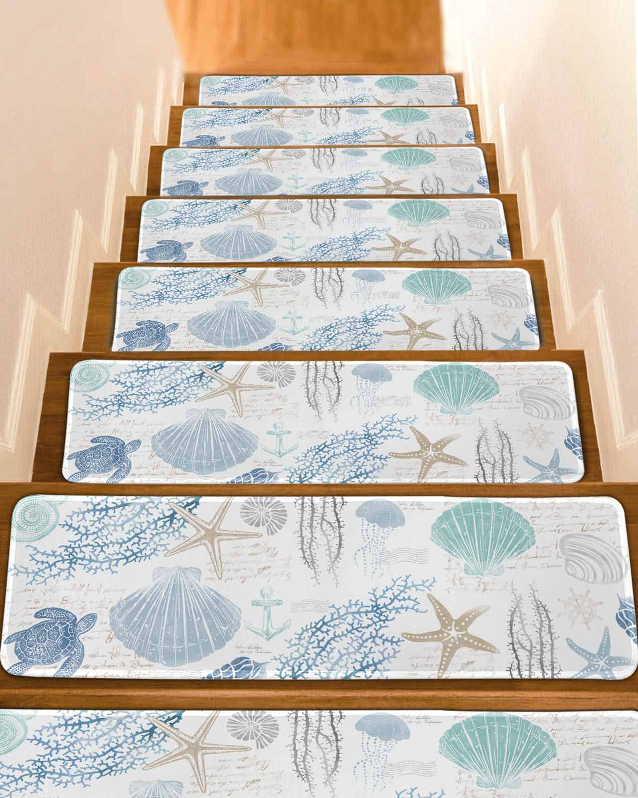 Blue Coastal Nautical Stair Treads for Wooden Steps Indoor Runner Rug ...