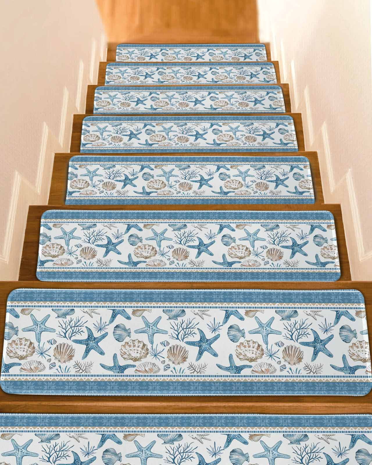 Blue Coastal Nautical Stair Treads for Wooden Steps Indoor Runner Rug ...