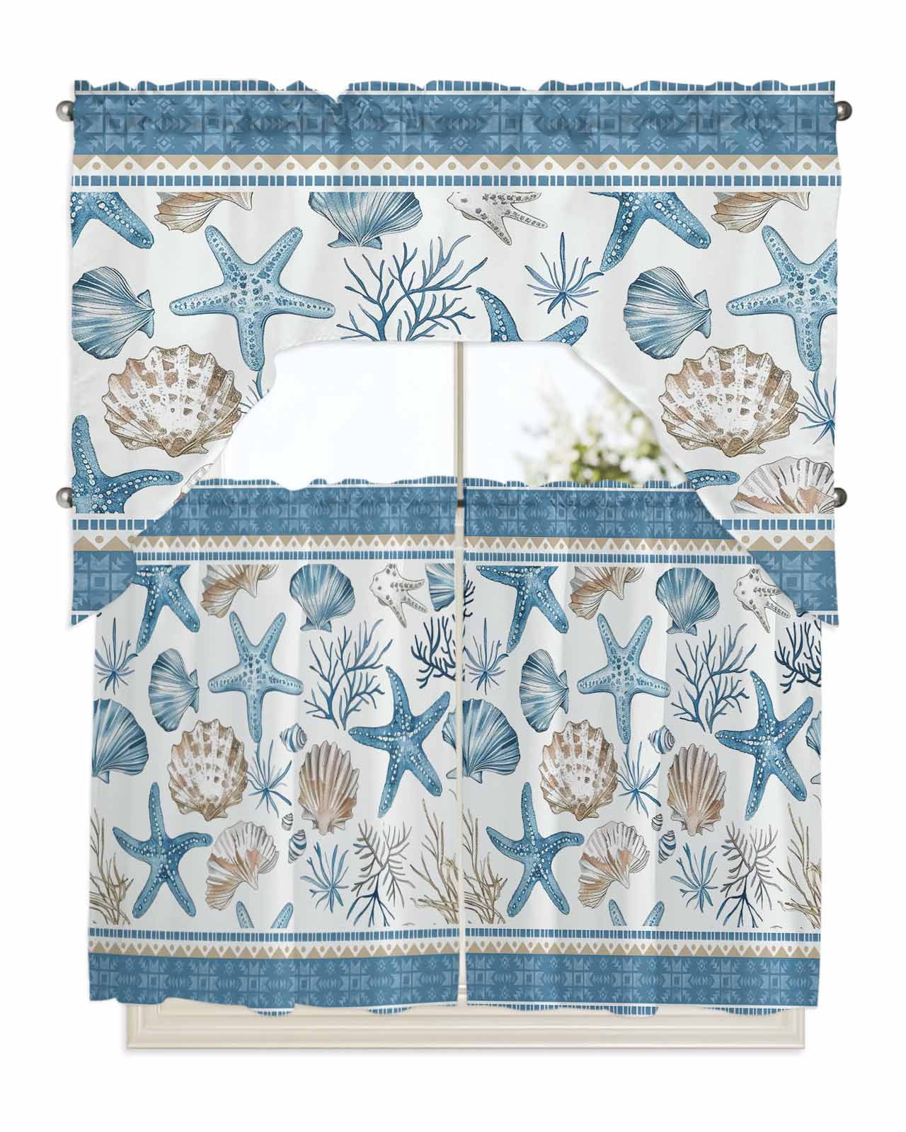 Blue Coastal Nautical Swag Valance and Tier Curtains 36'' Length Set ...