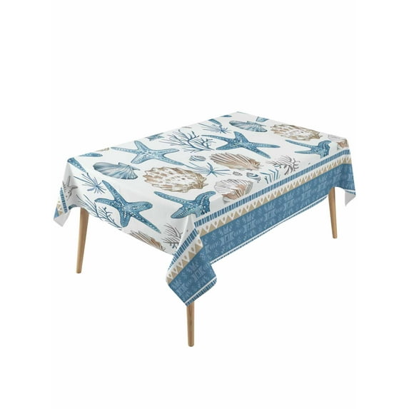 Blue Coastal Nautical Table Cloth, Summer Beach Starfish Shell Coral ...