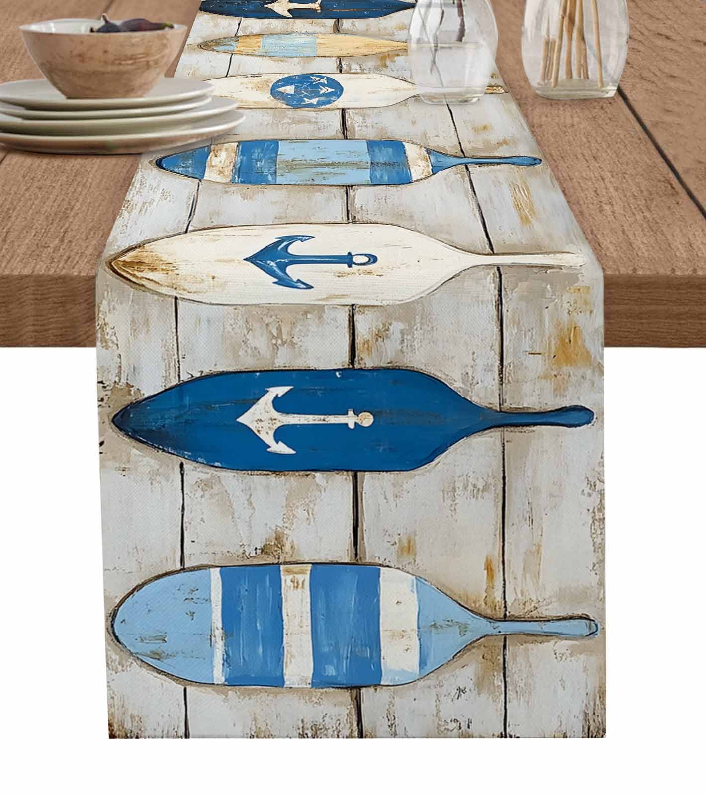 Blue Coastal Nautical Table Runner 72 Inches, Vintage Beach Summer ...