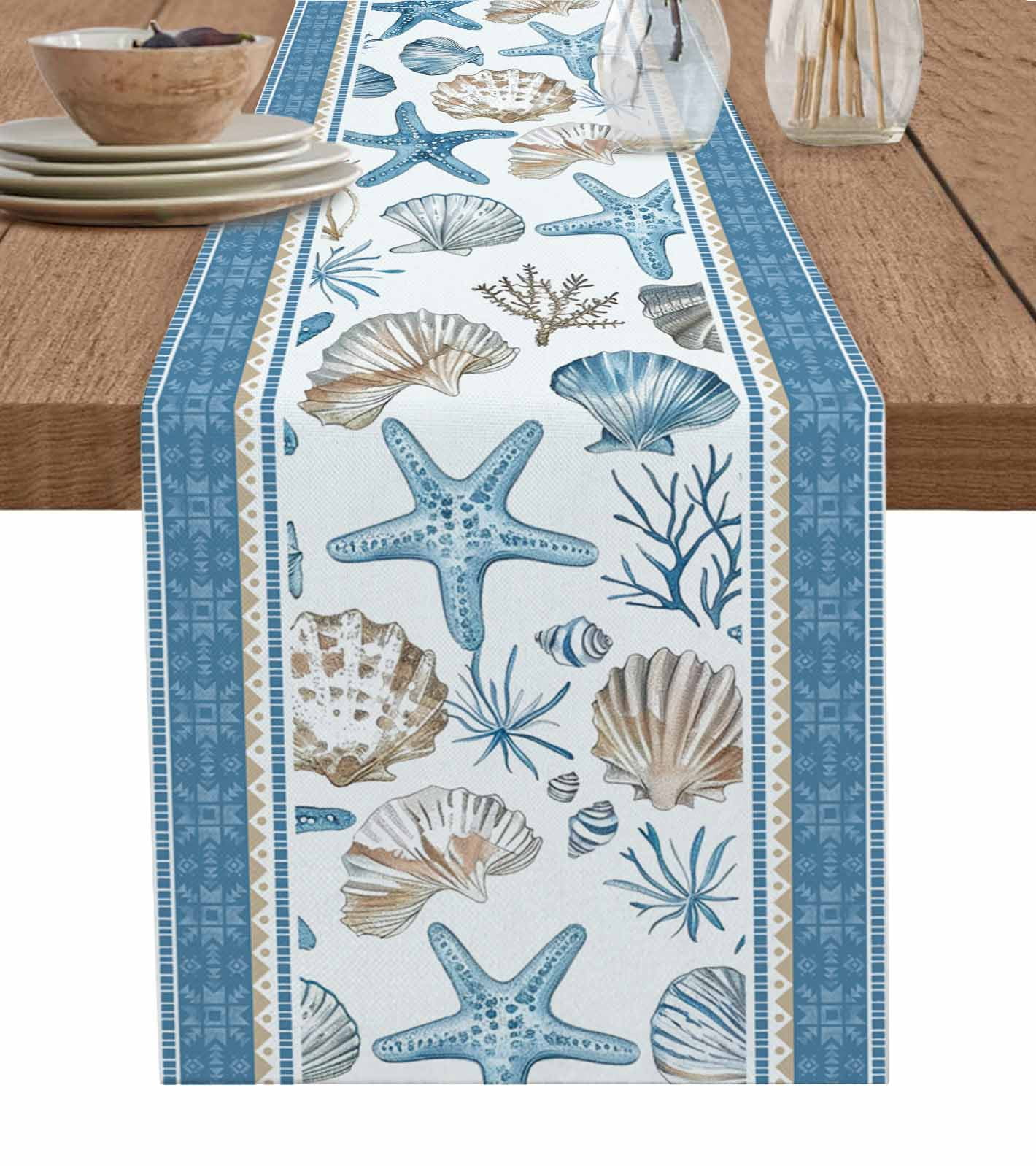 Blue Coastal Nautical Table Runner Summer Beach Starfish Shell Coral ...