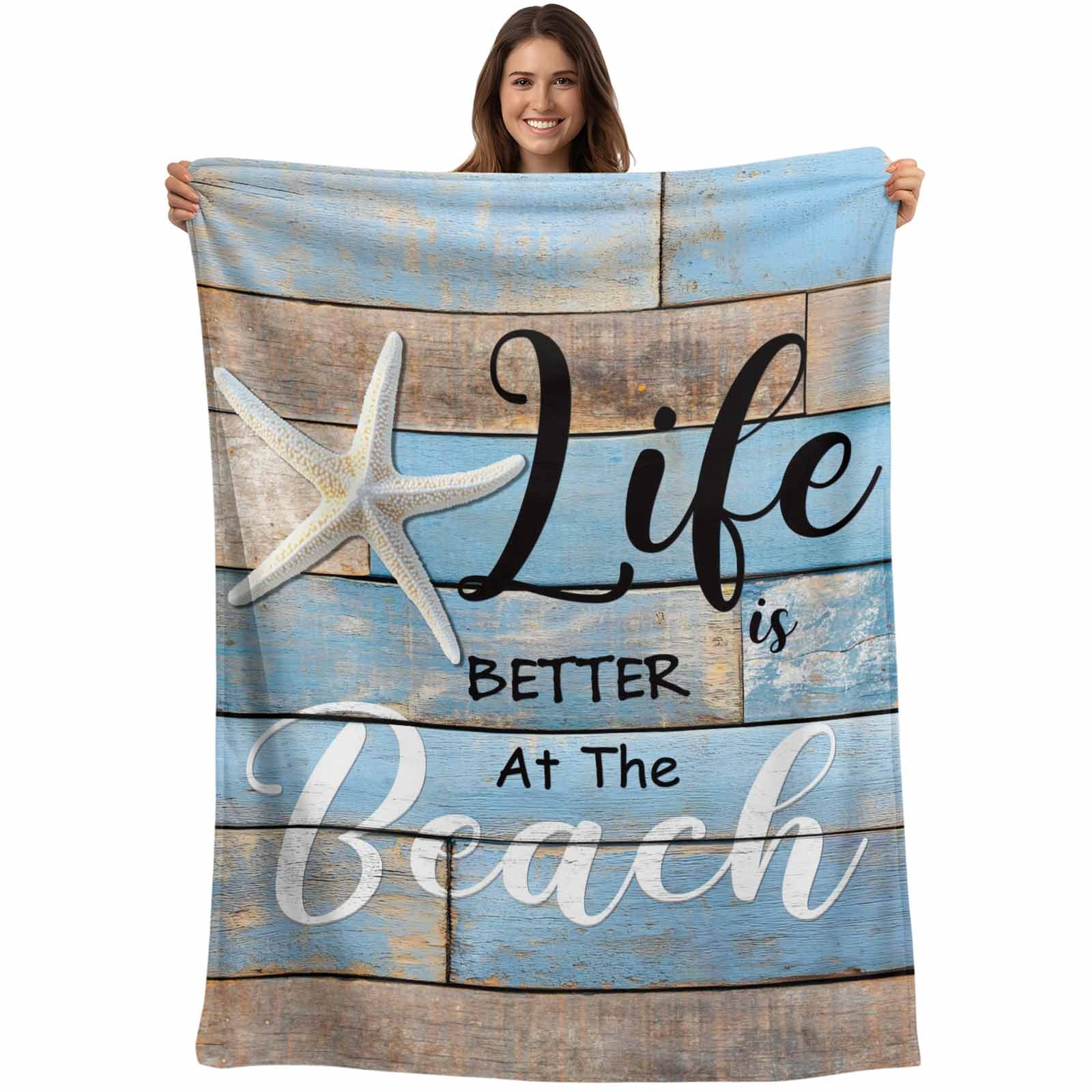 Blue Coastal Nautical Throw Blankets, Life Is Better at The Beach Soft ...