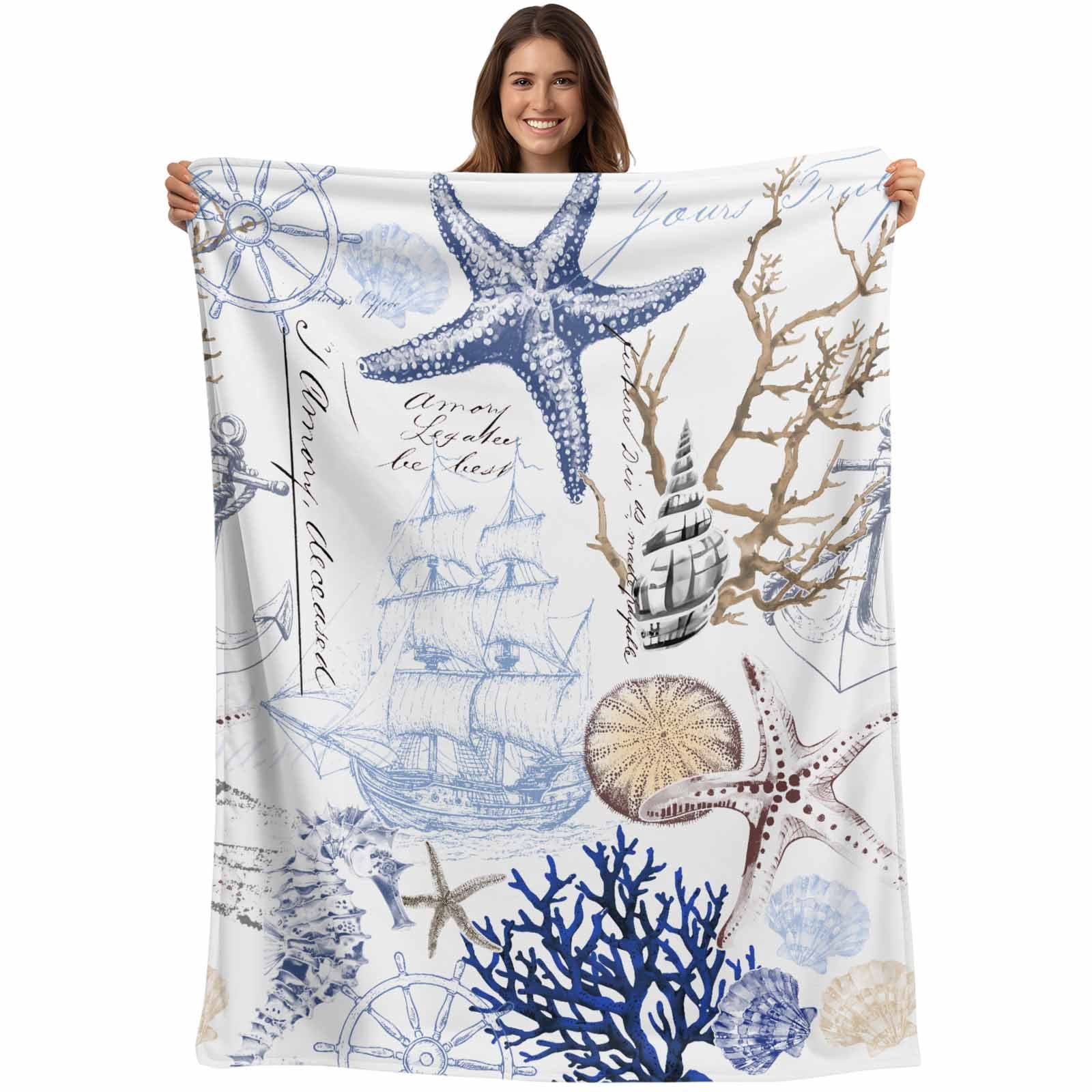Blue Coastal Nautical Throw Blankets, Shell Starfish Conch Coral Soft ...