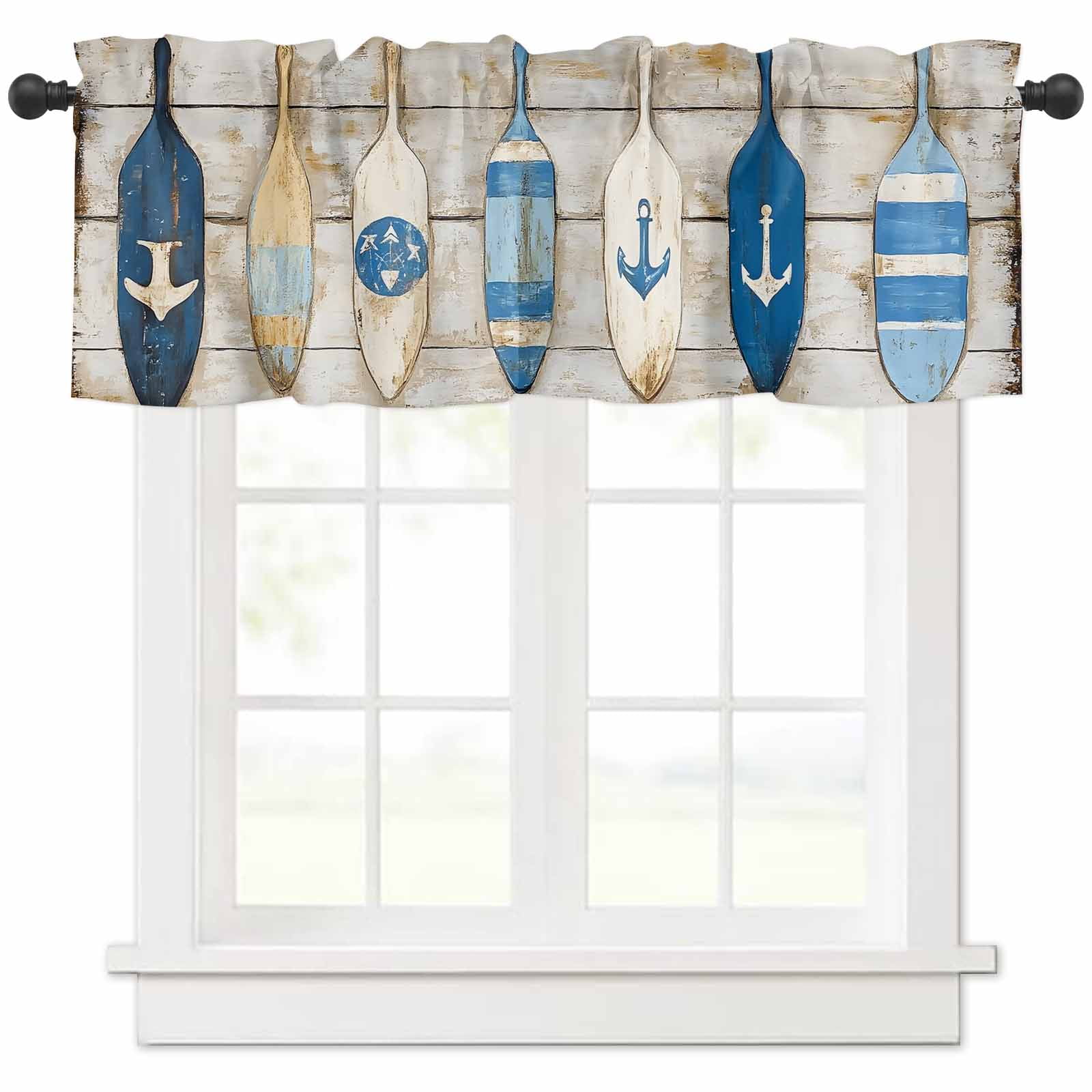 Blue Coastal Nautical Valances for Windows Farmhouse Kitchen Curtains ...