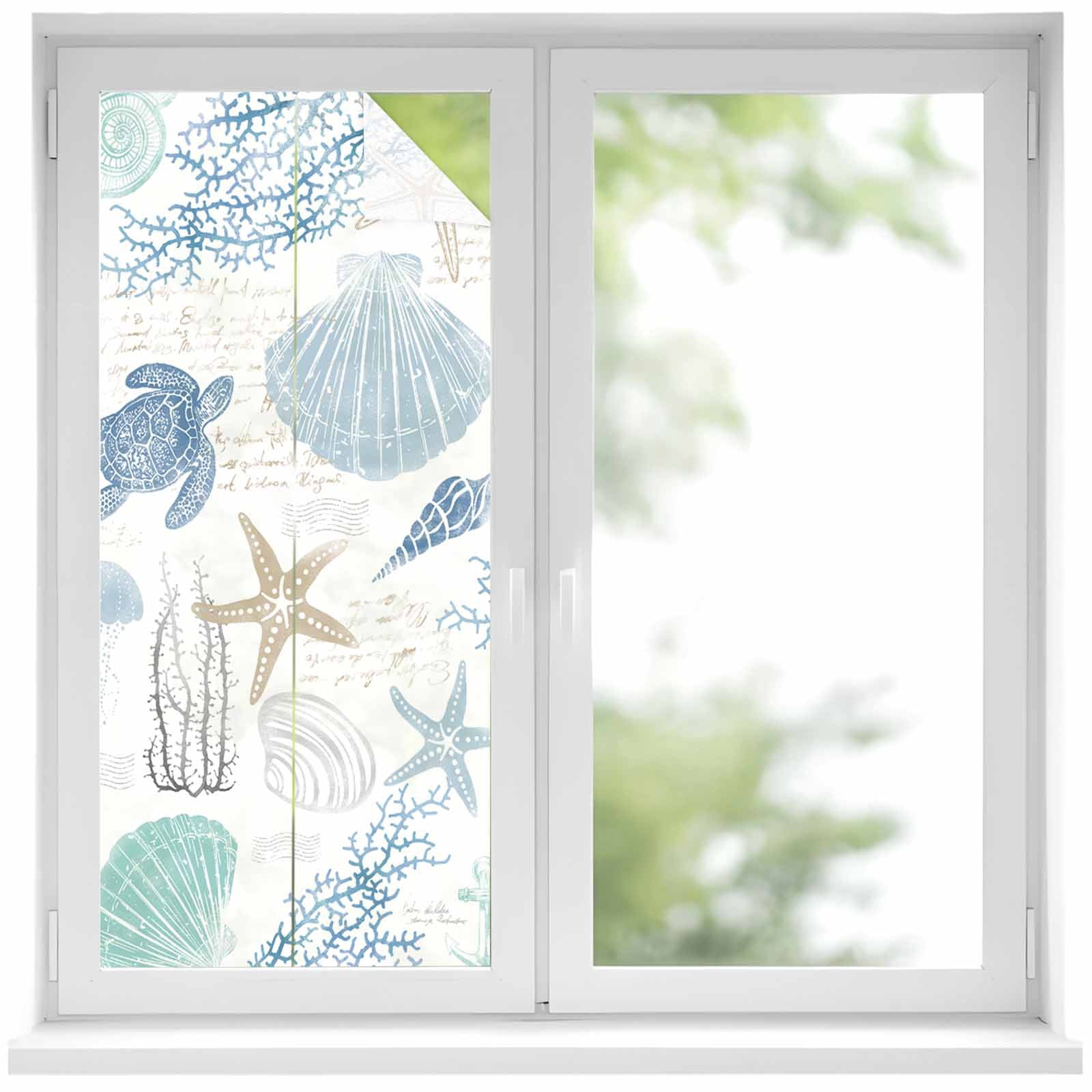 Blue Coastal Nautical Window Privacy Film, Beach Sea Turtle Ocean Coral ...