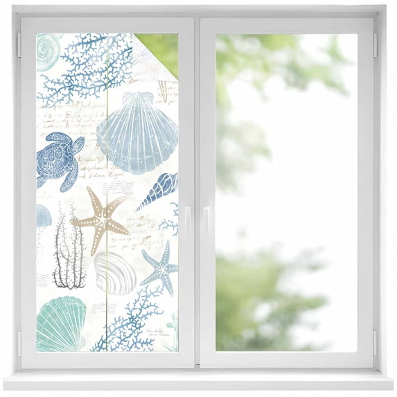 Blue Coastal Nautical Window Privacy Film, Beach Sea Turtle Ocean Coral ...