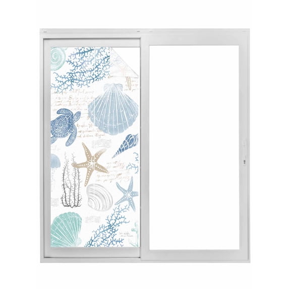 Blue Coastal Nautical Window Privacy Film, Beach Sea Turtle Ocean Coral ...