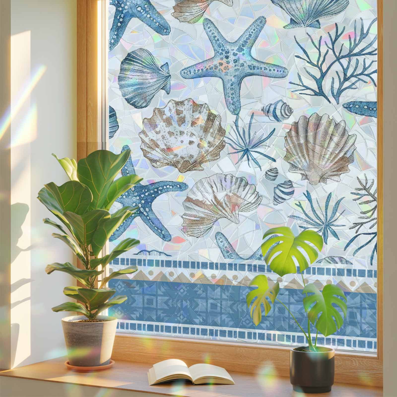 Blue Coastal Nautical Window Privacy Film Rainbow Static Cling Stain ...