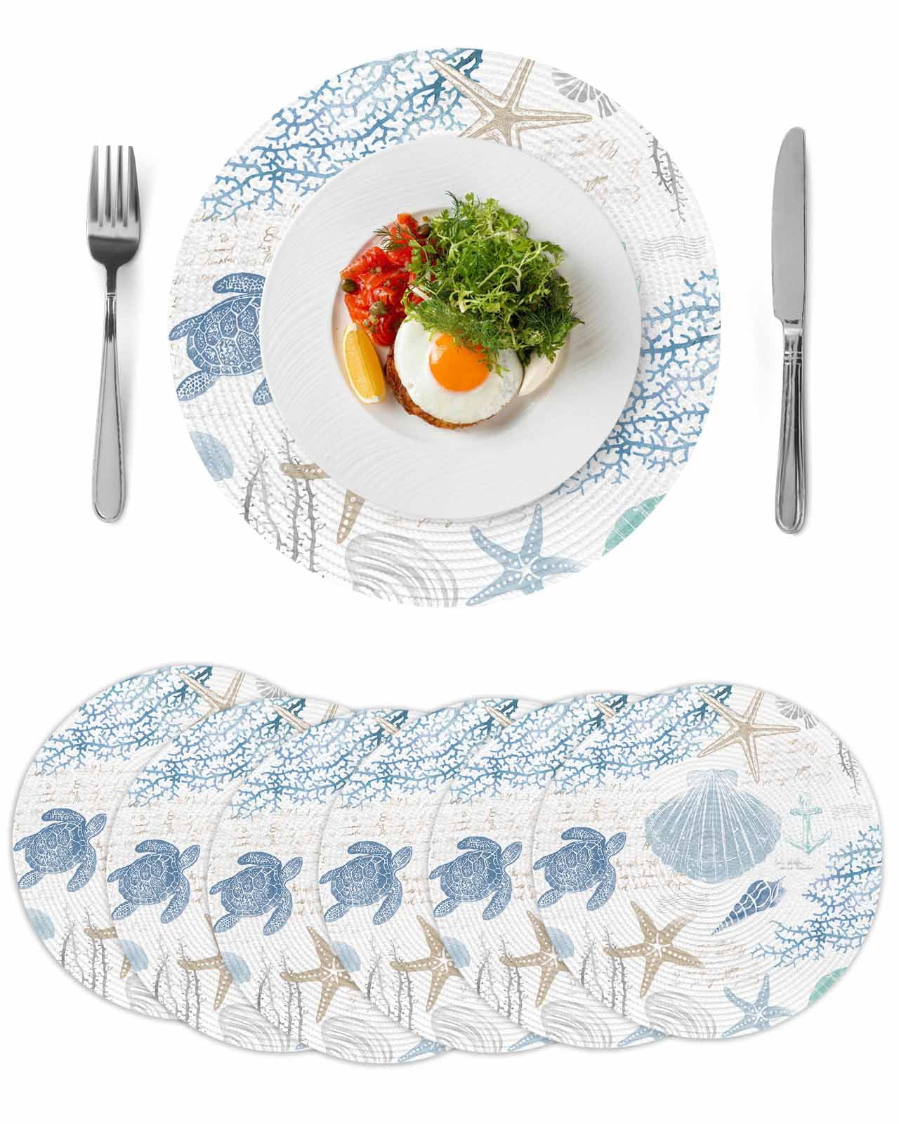 Blue Coastal Ocean Beach Themed Round Table Placemats set of 6, Sea ...