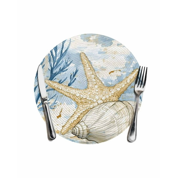 Blue Coastal Ocean Beach Themedl Round Table Placemats 1 pc, Starfish ...