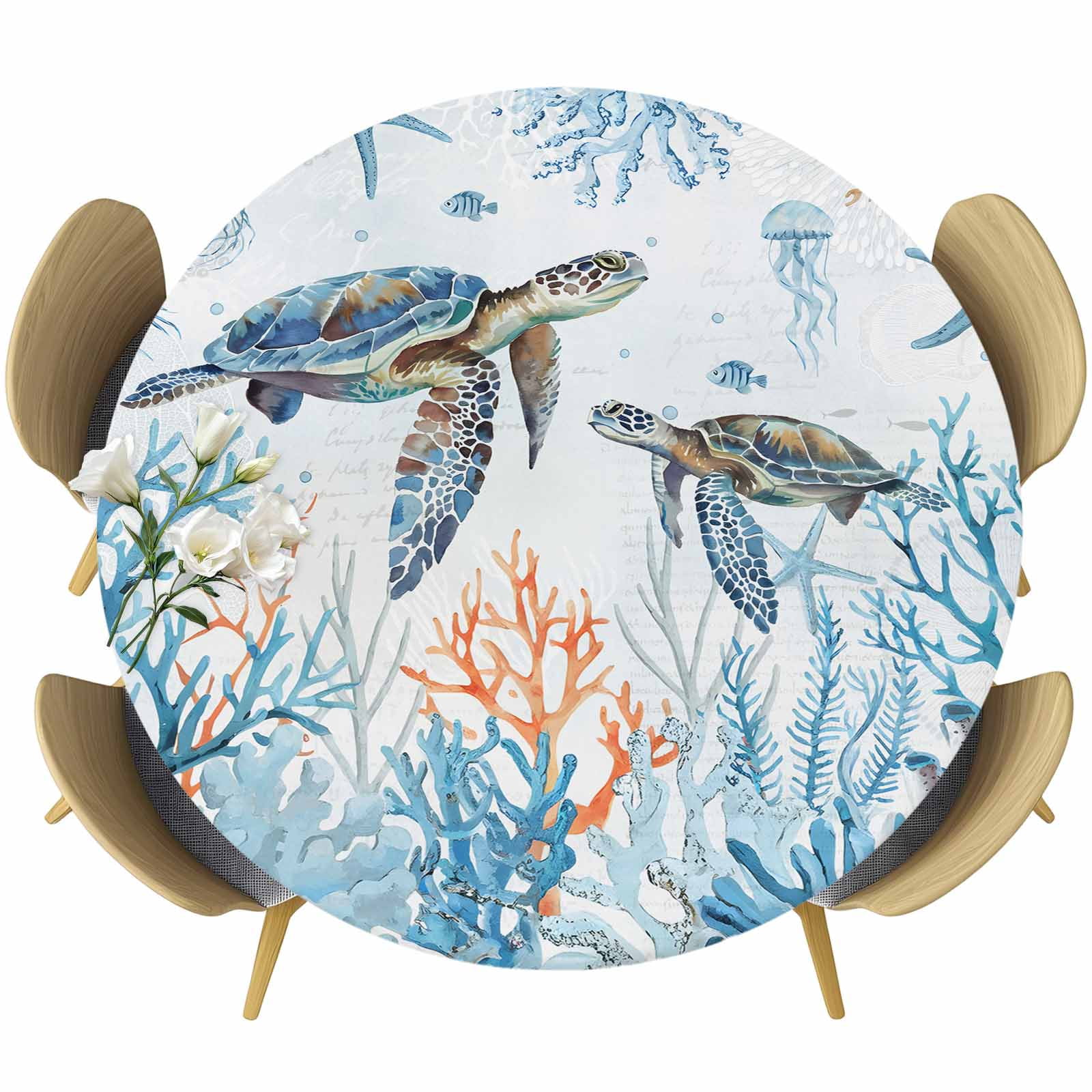 Blue Coastal Ocean Fitted Round Tablecloth Sea Turtle Coral Elastic ...