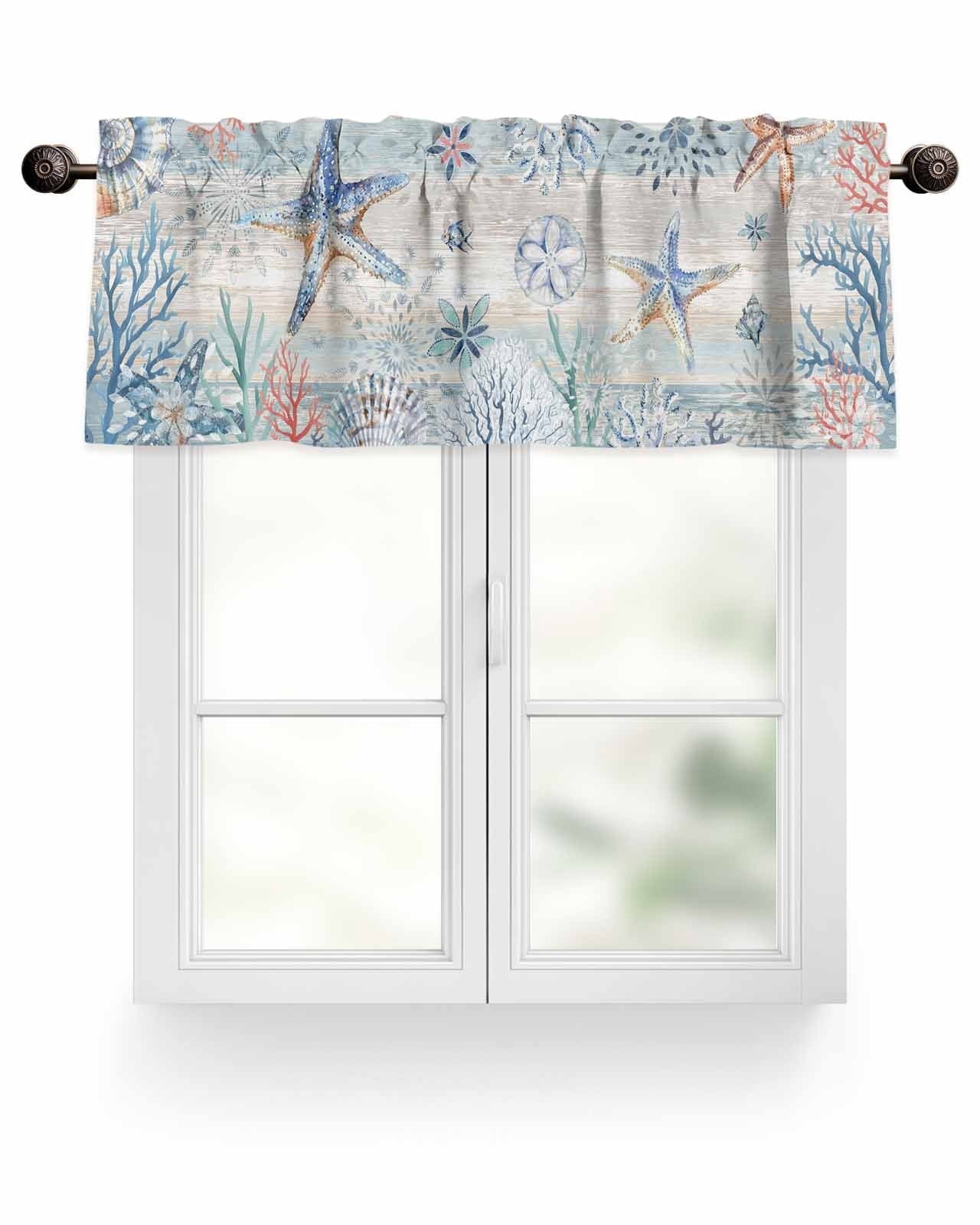 Blue Coastal Ocean Kitchen Valances for Windows Starfish Coral Shell ...