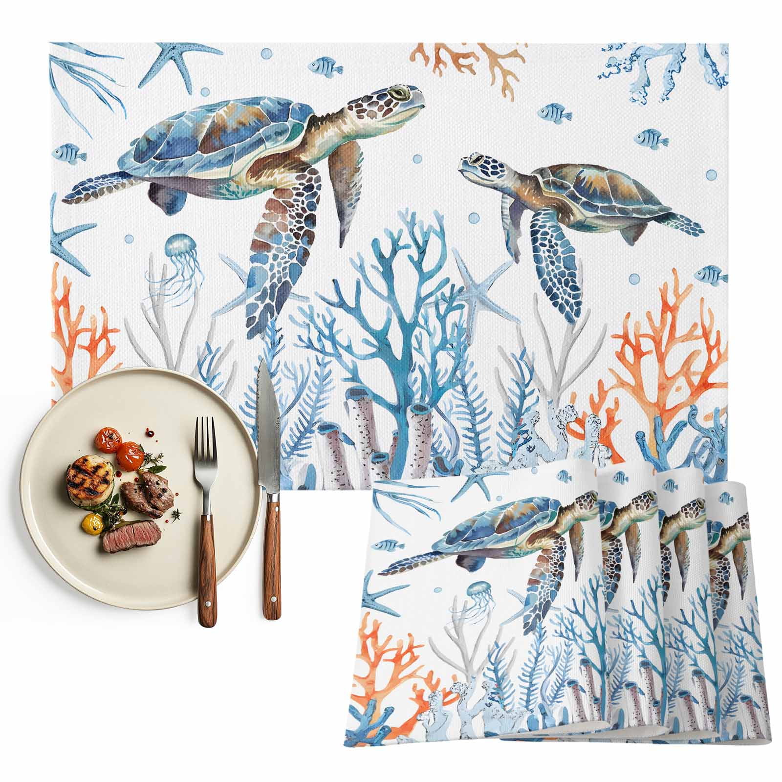 Blue Coastal Ocean Placemats Set of 8, Sea Turtle Starfish Coral Table ...