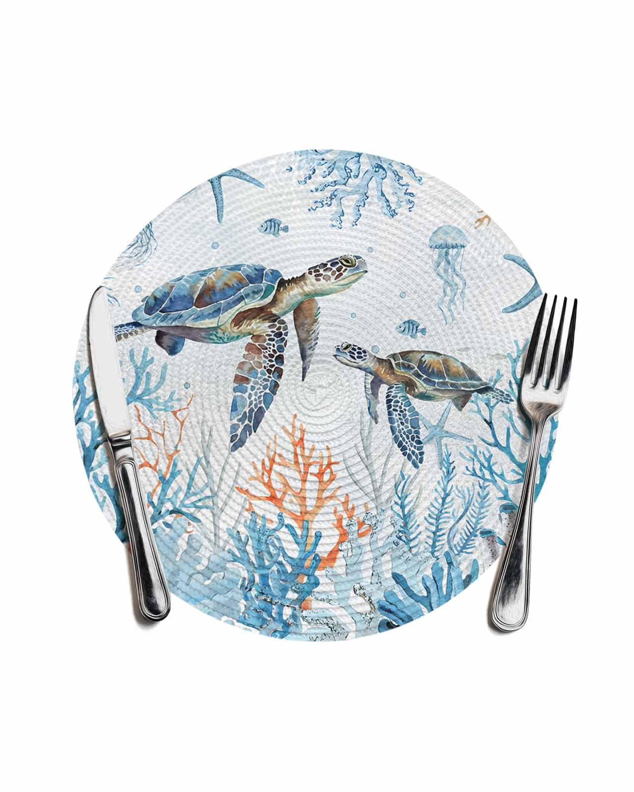 Blue Coastal Ocean Round Table Placemats 1 pc, Sea Turtle Coral ...