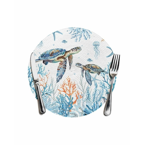 Blue Coastal Ocean Round Table Placemats 1 pc, Sea Turtle Starfish ...