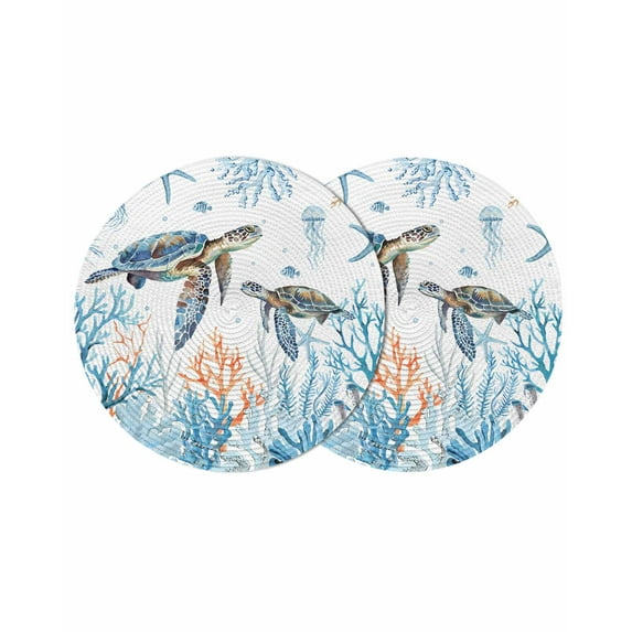Blue Coastal Ocean Round Table Placemats set of 2, Sea Turtle Starfish ...