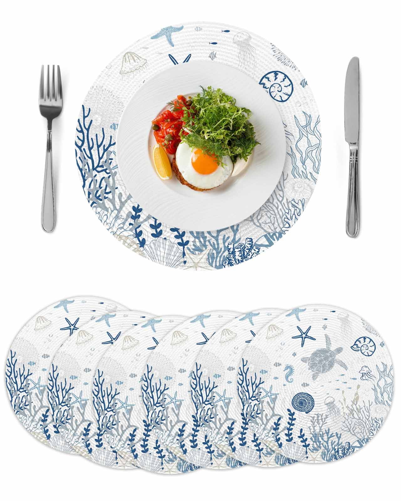 Blue Coastal Ocean Round Table Placemats set of 6, Coral Sea Turtle ...