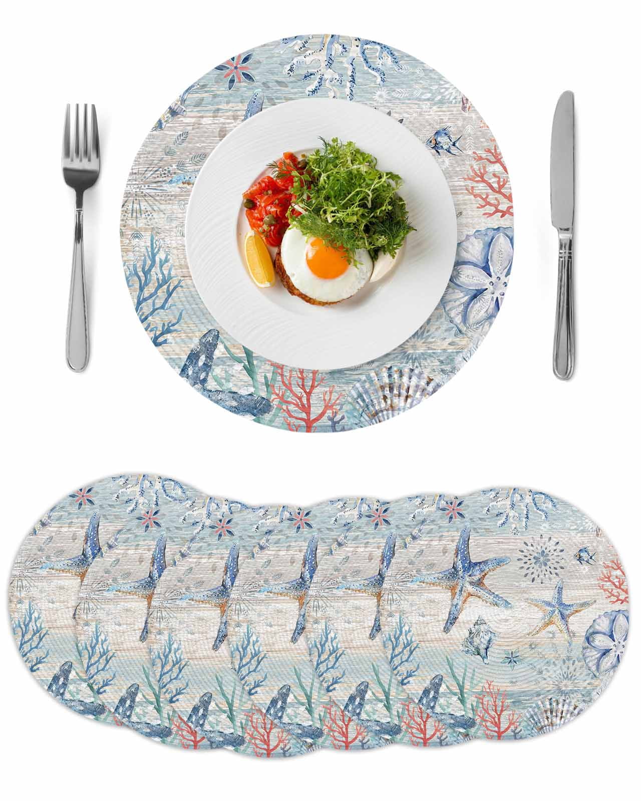 Blue Coastal Ocean Round Table Placemats set of 6, Starfish Coral Shell ...
