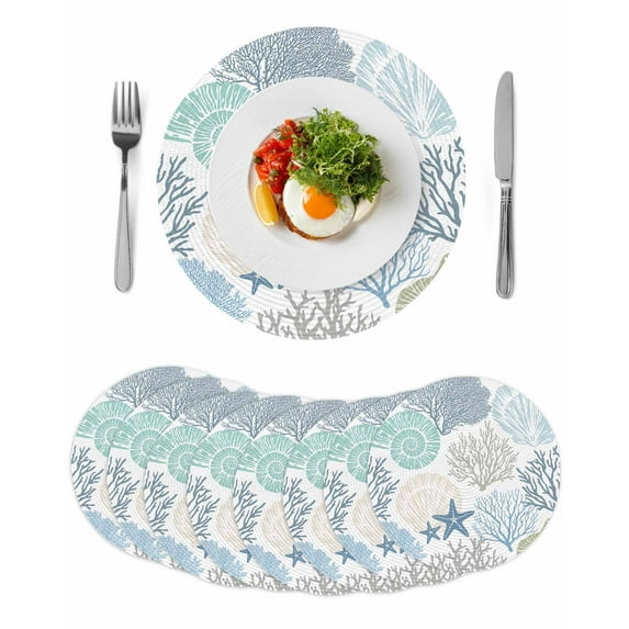 Blue Coastal Ocean Round Table Placemats set of 8, Shell Coral Starfish ...