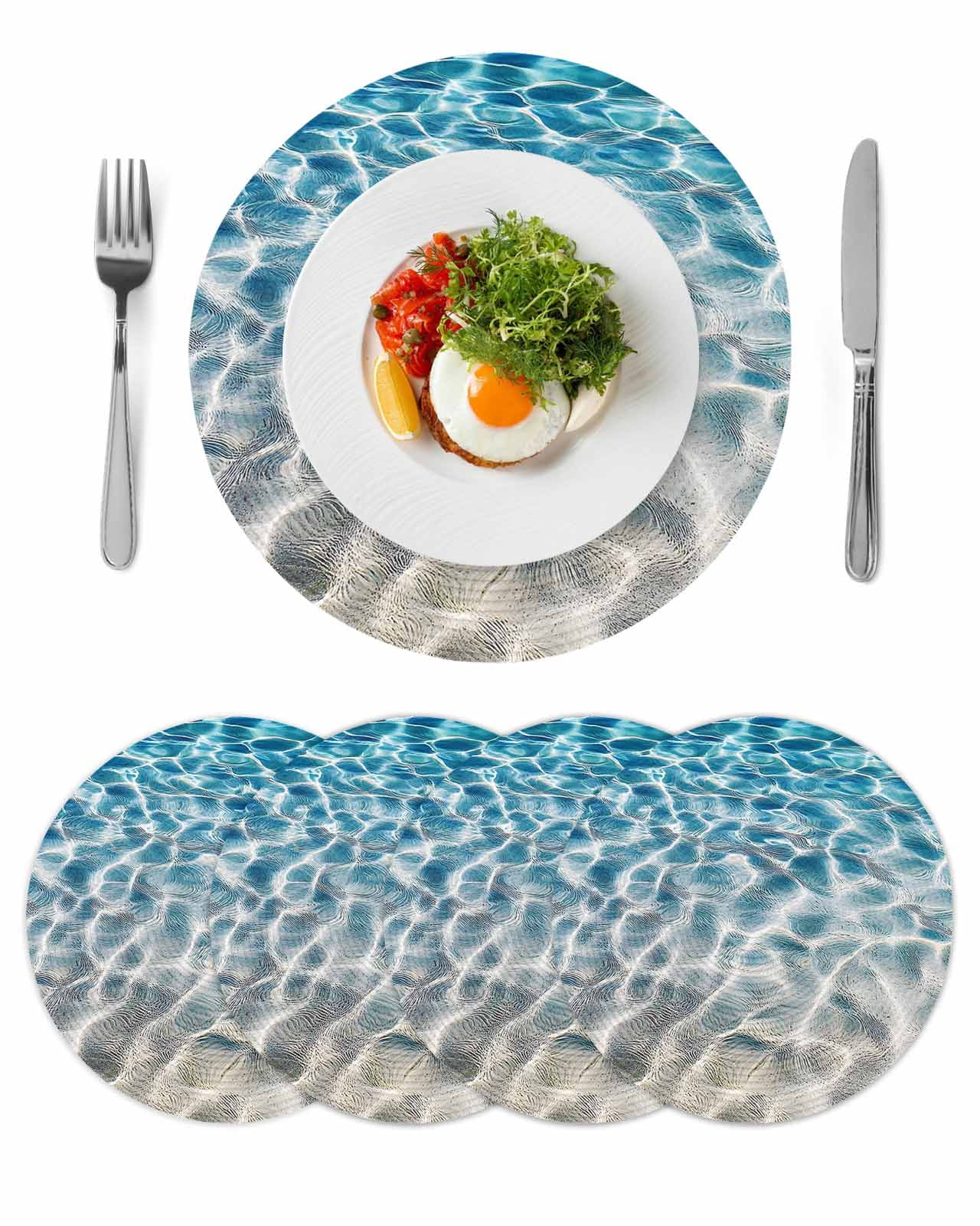 Blue Coastal Ocean Round Table Placemats set of 4, Sea Water Wave ...
