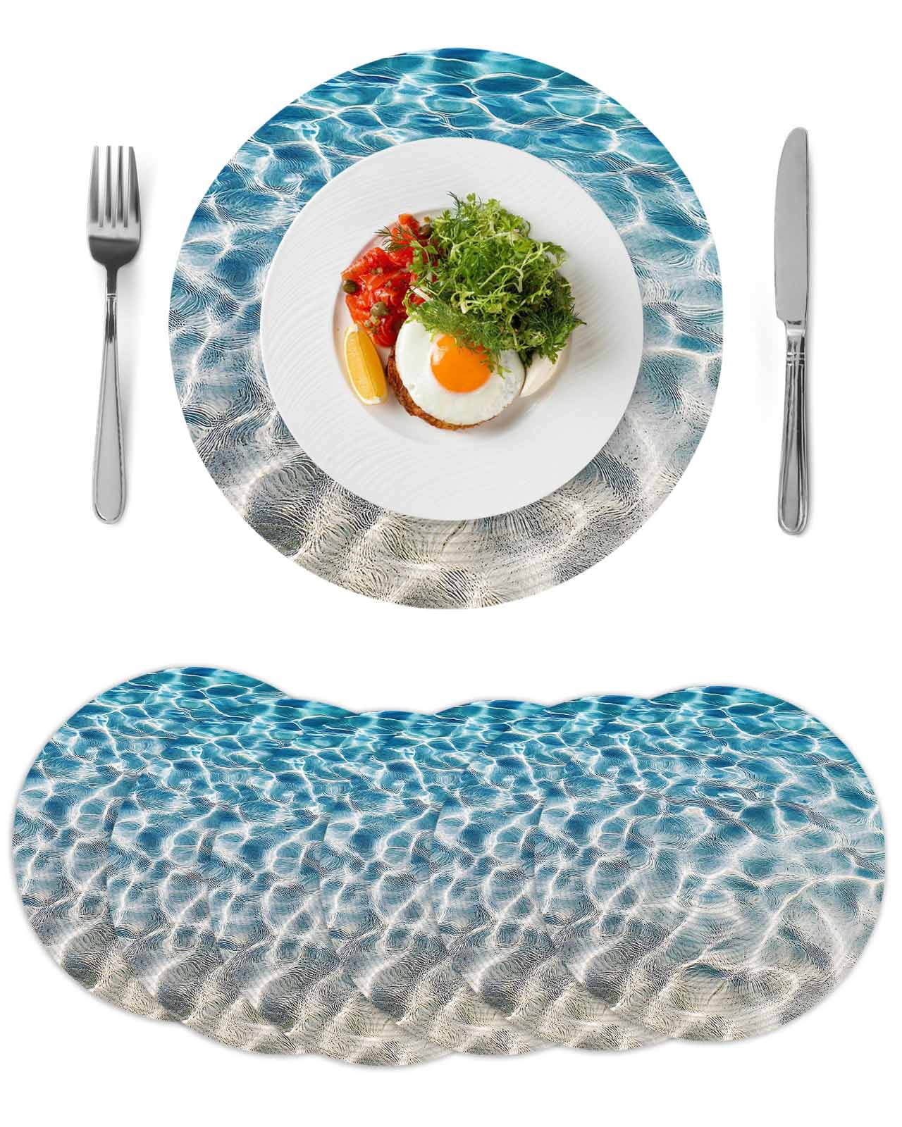 Blue Coastal Ocean Round Table Placemats set of 6, Sea Water Wave ...