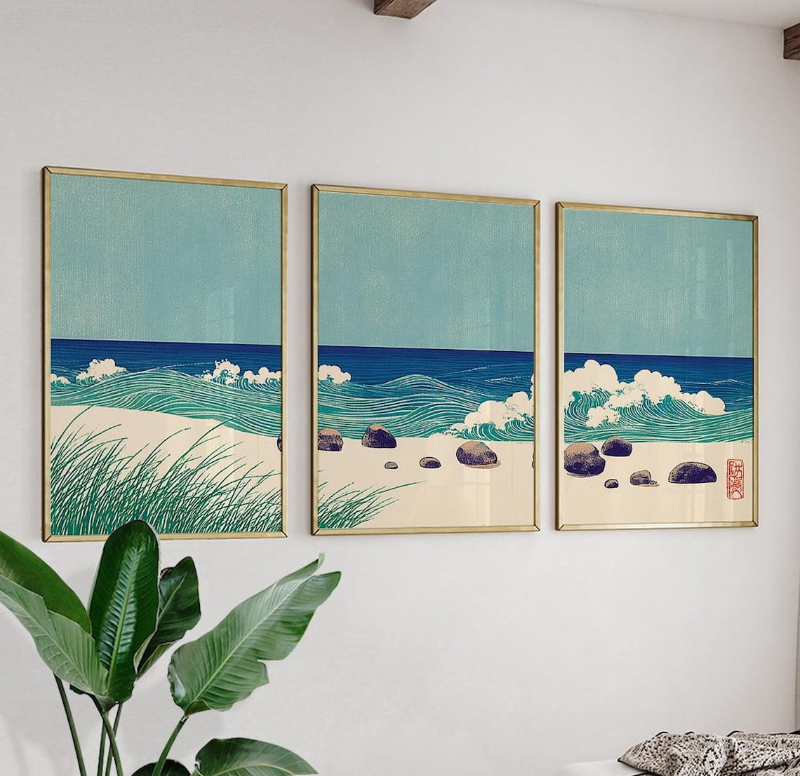 Blue Coastal Ocean Wave Beach Seascape Triptych Decor Art Set 3 ...