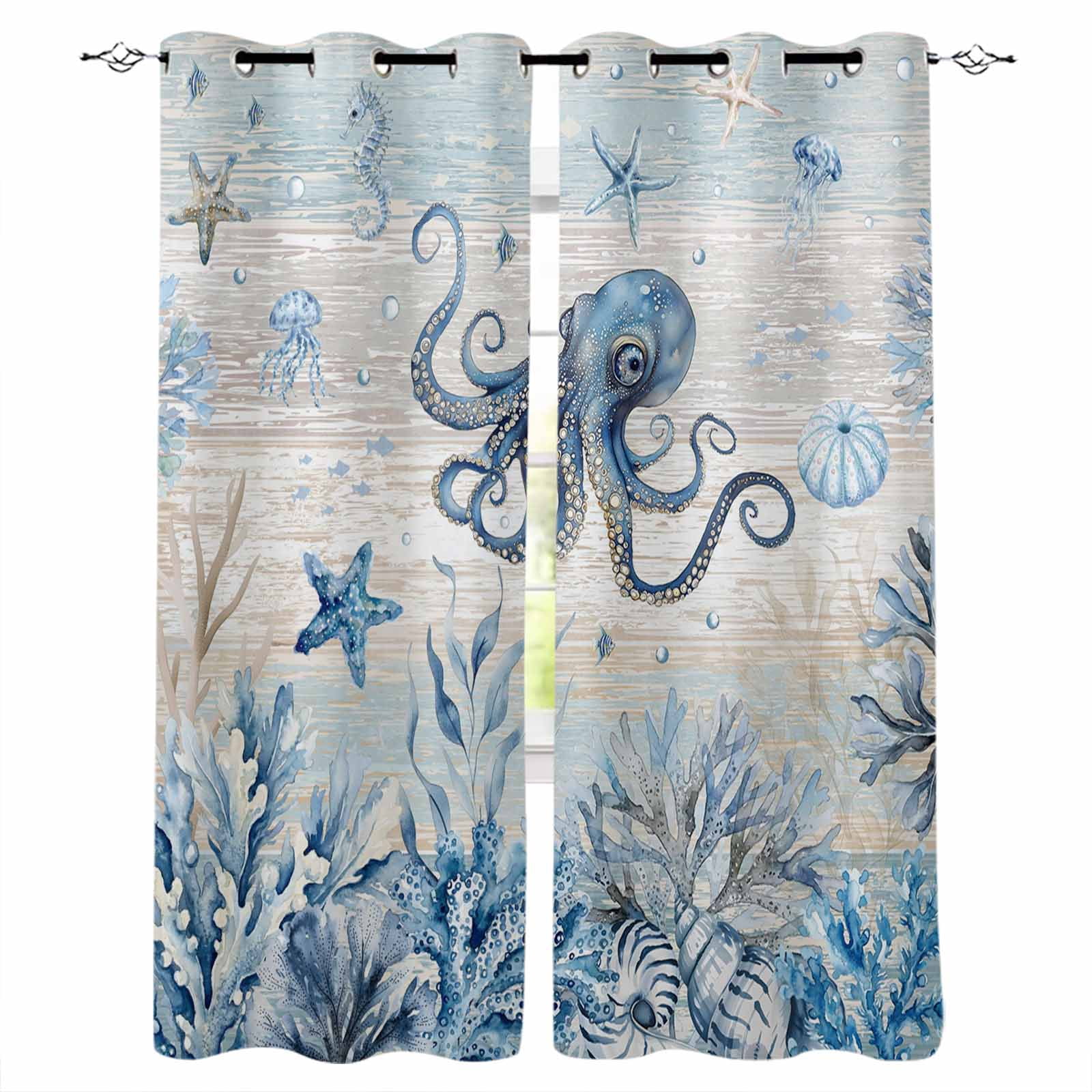 Blue Coastal Octopus Blackout Curtains for Bedroom Living Room ...