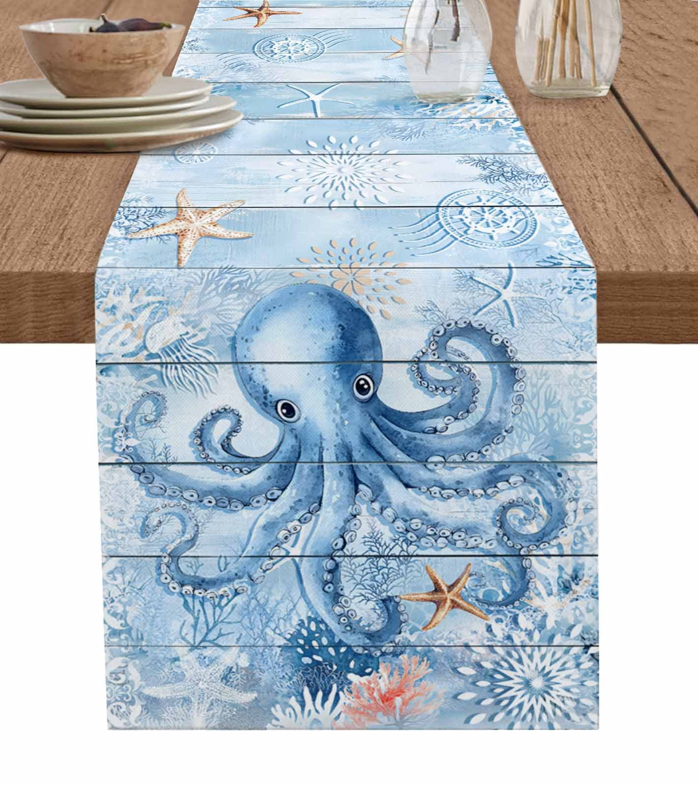 Blue Coastal Octopus Burlap Cotton Table Runner 13x36 Inches Short ...