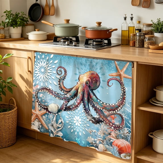 Blue Coastal Octopus Cabinet Curtains 35''x35'', Summer Beach Starfish ...