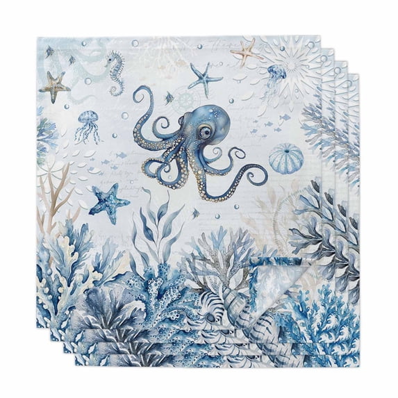 Blue Coastal Octopus Cloth Napkins, Summer Ocean Sea Coral Shells ...