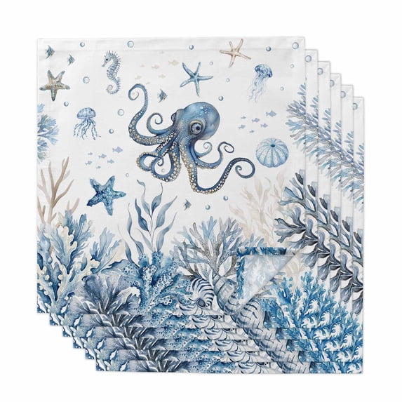 Blue Coastal Octopus Cloth Napkins, Summer Ocean Sea Coral Shells ...