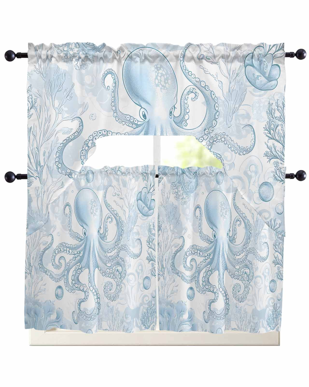 Blue Coastal Octopus Kitchen Curtains Swag Valance and Tier Curtains ...