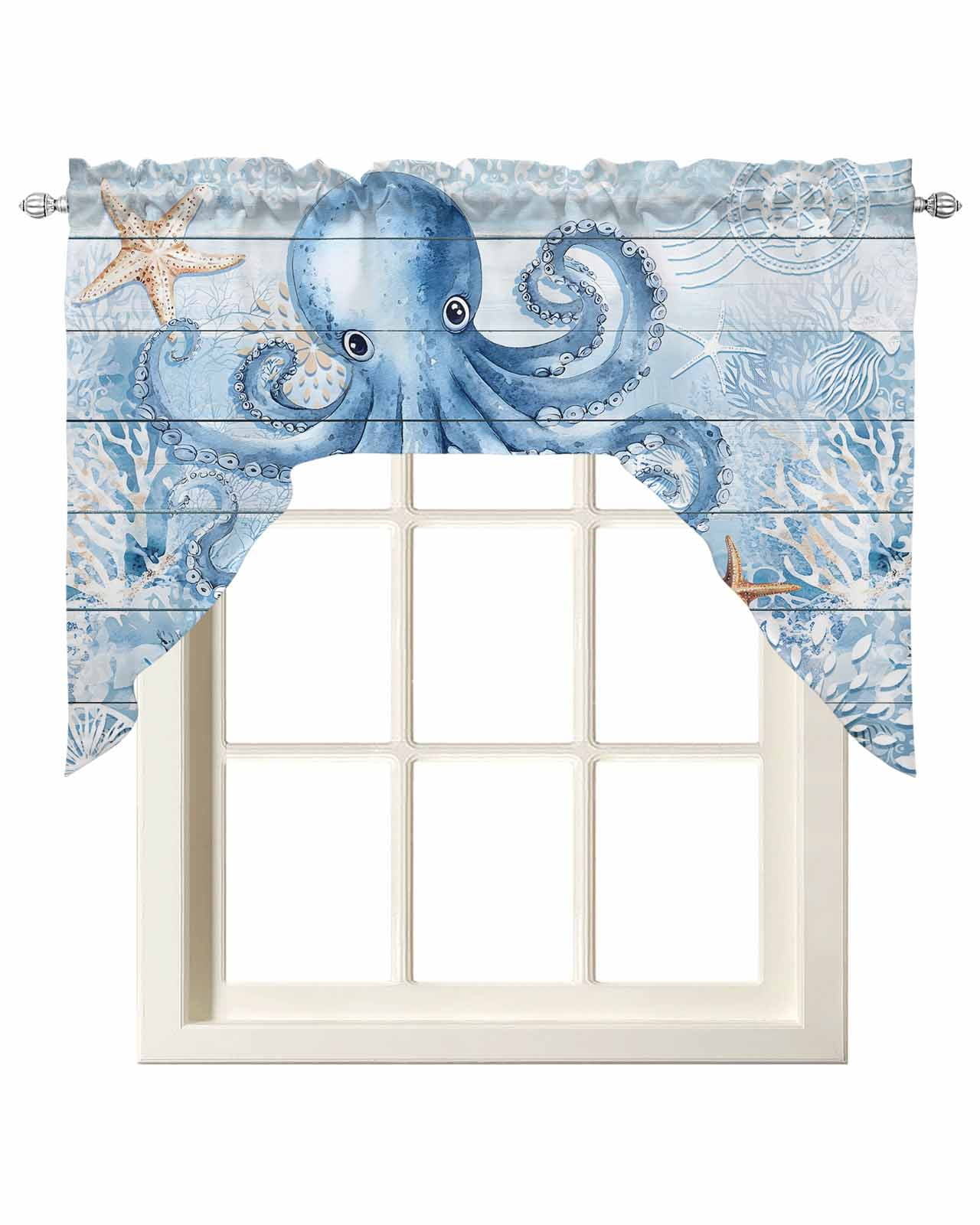 Blue Coastal Octopus Kitchen Curtains Swag Valance for Windows/Bathroom ...