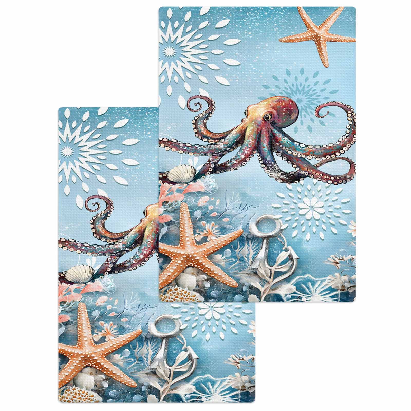 Blue Coastal Octopus Kitchen Dish Towels for Drying Dishes Set of 2 ...