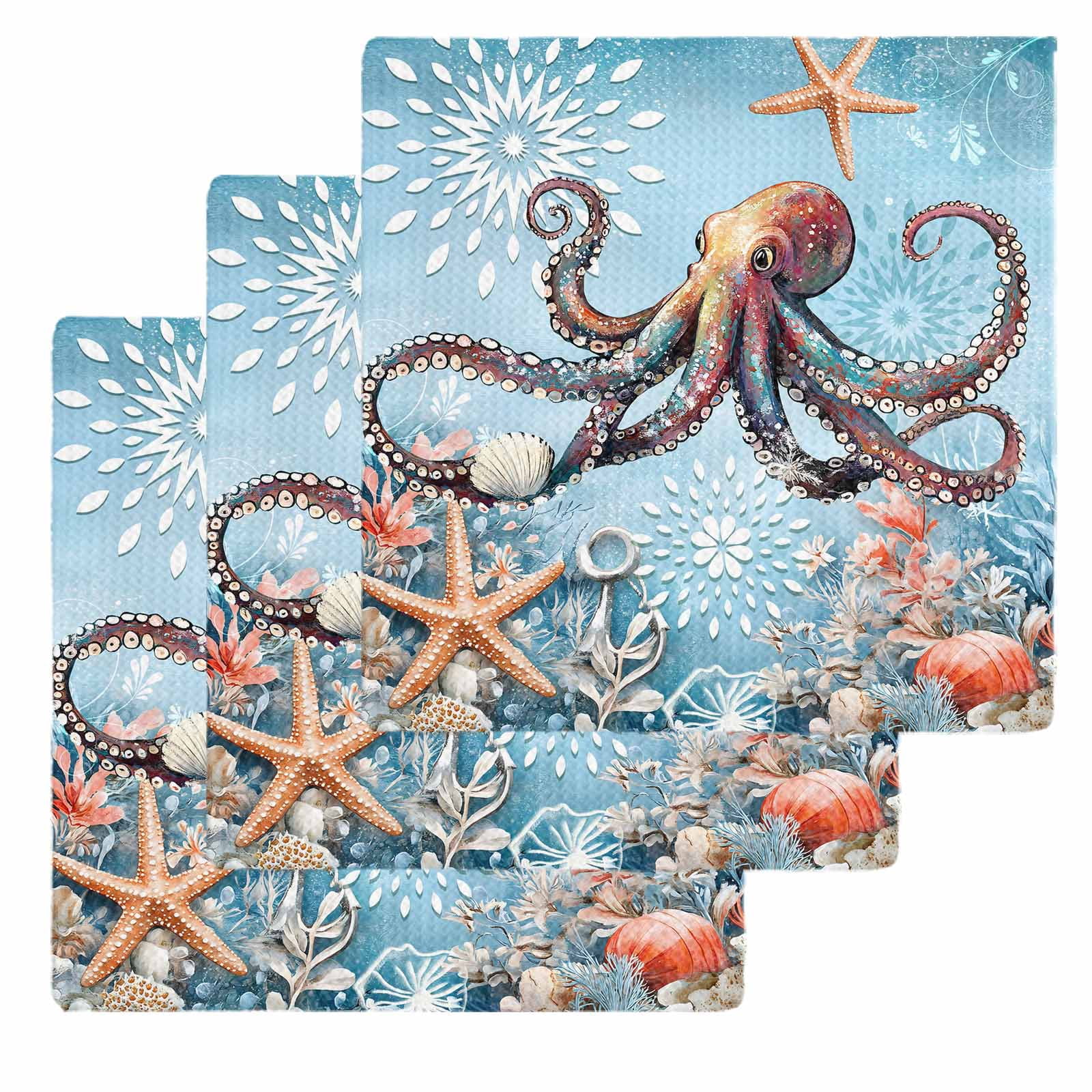 Blue Coastal Octopus Kitchen Dish Towels for Drying Dishes Set of 3 ...
