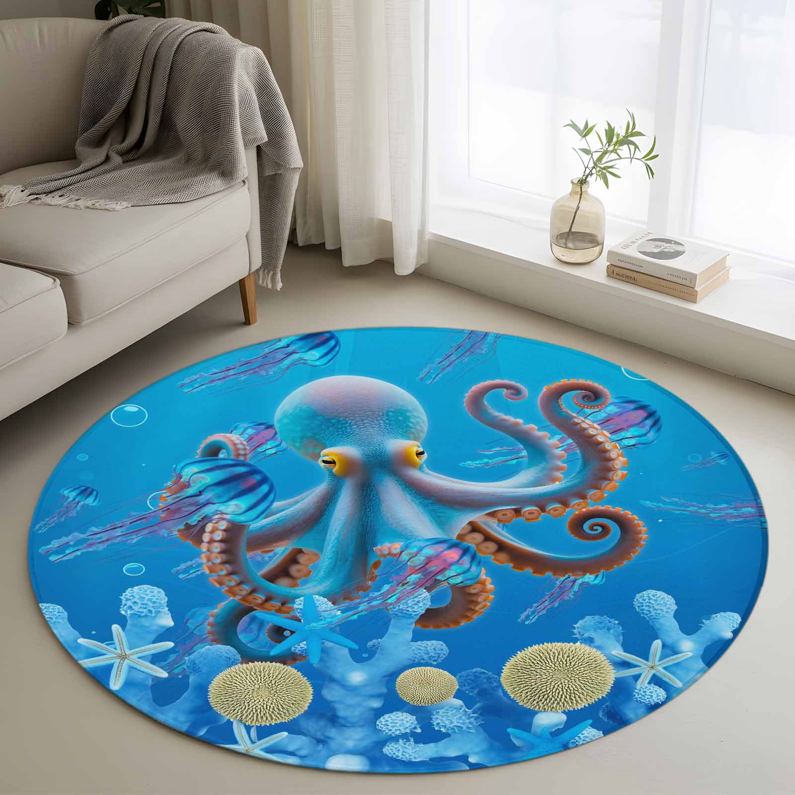 Blue Coastal Octopus Round Area Rug 3Ft Washable Small Circle Rugs for ...
