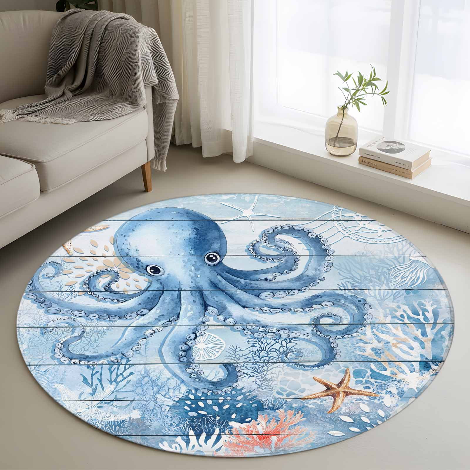 Blue Coastal Octopus Round Rug 3ft Washable Circle Entryway Rugs Non ...