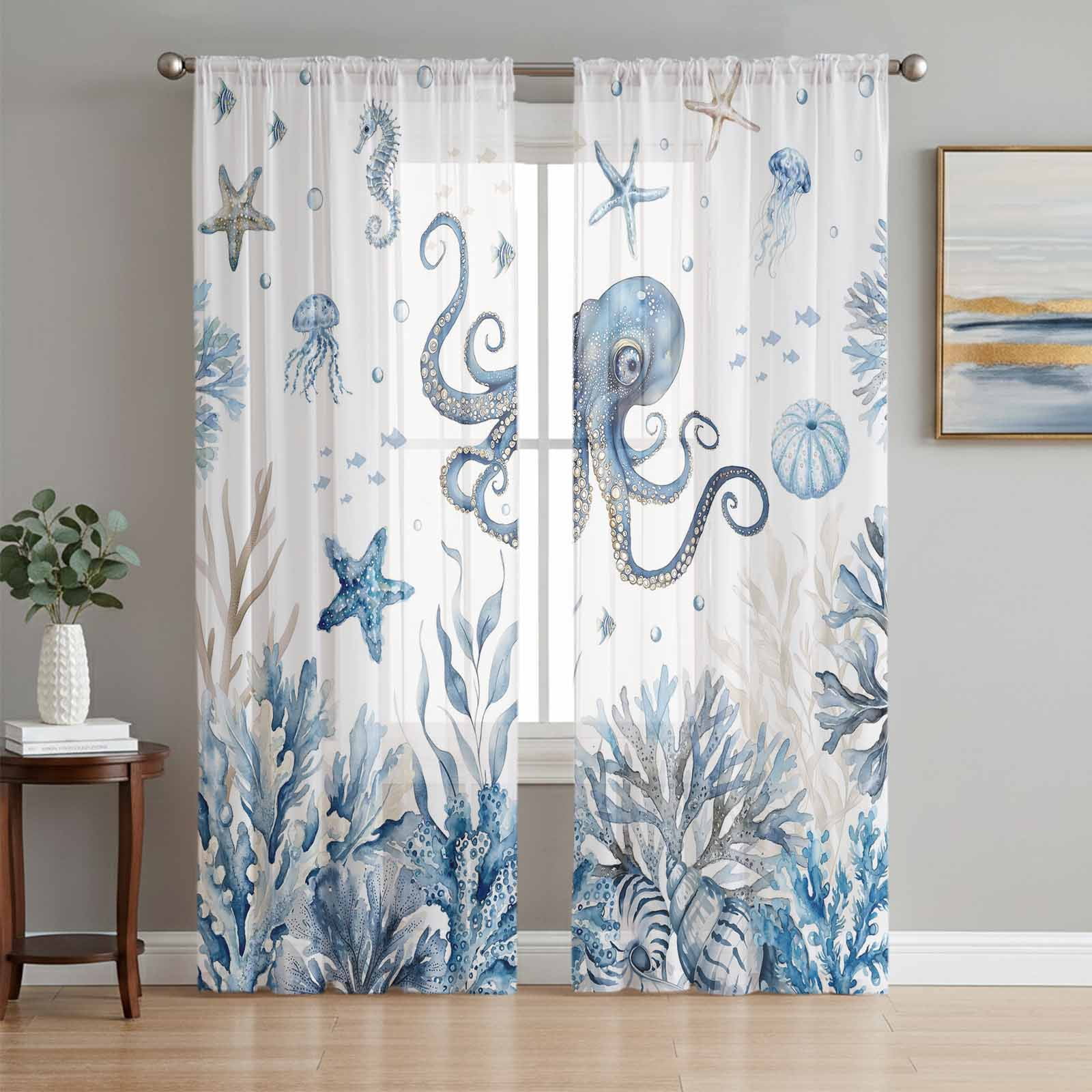 Blue Coastal Octopus Sheer Curtains for Living Room Bedroom Summer ...