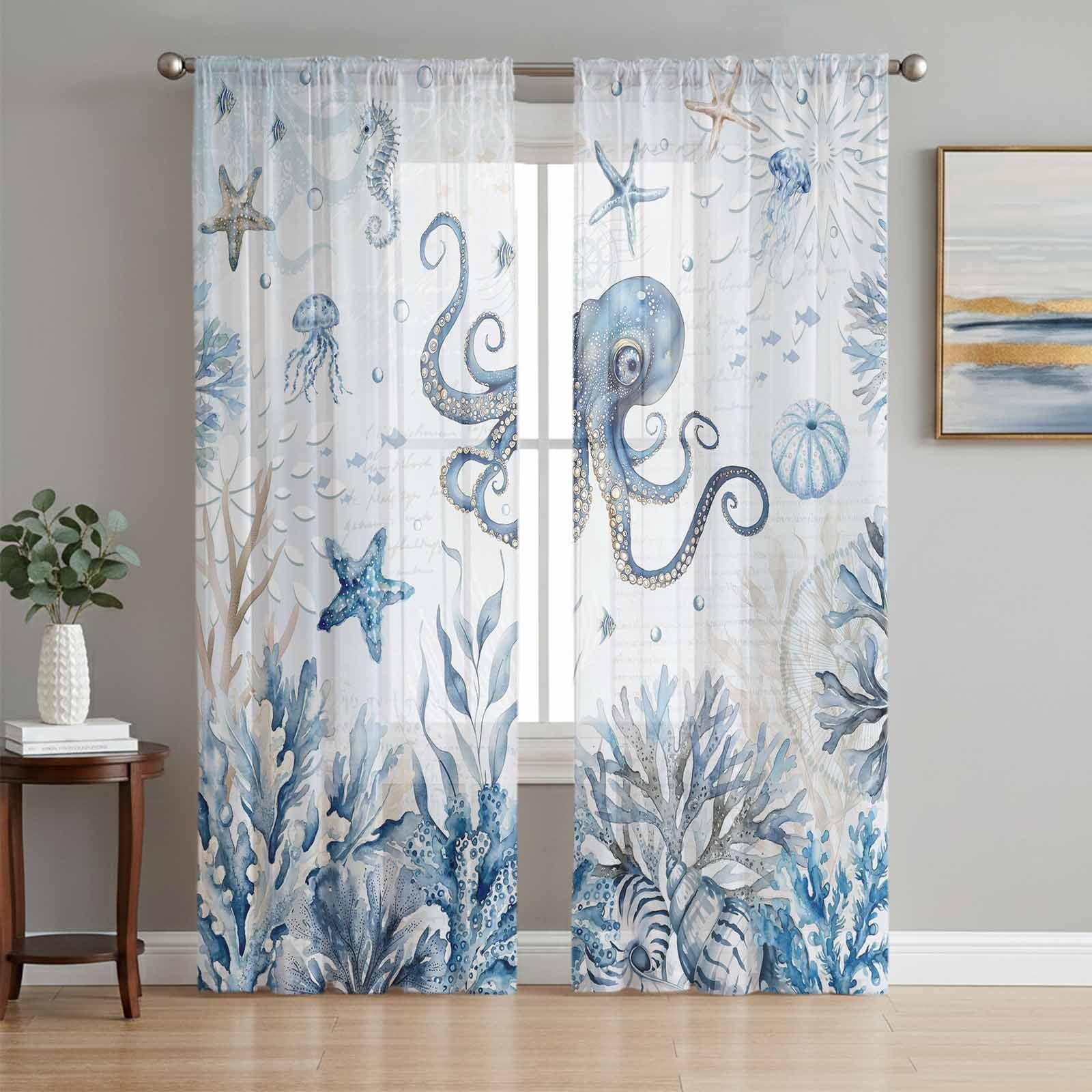 Blue Coastal Octopus Sheer Curtains for Living Room Bedroom Summer ...