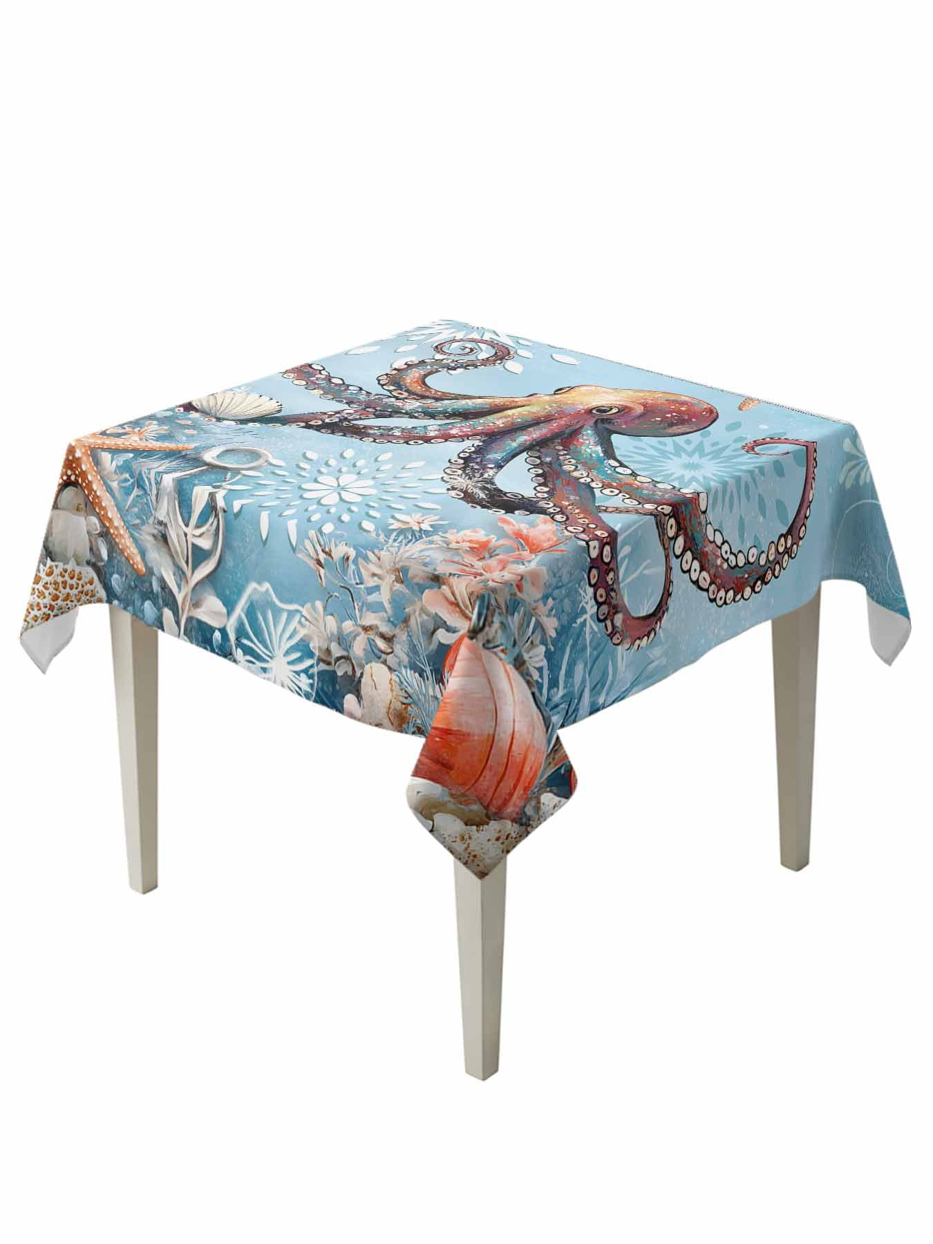 Blue Coastal Octopus Table Cloth, Summer Beach Starfish Botanical ...