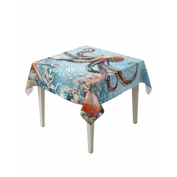 Blue Coastal Octopus Table Cloth, Summer Beach Starfish Botanical ...