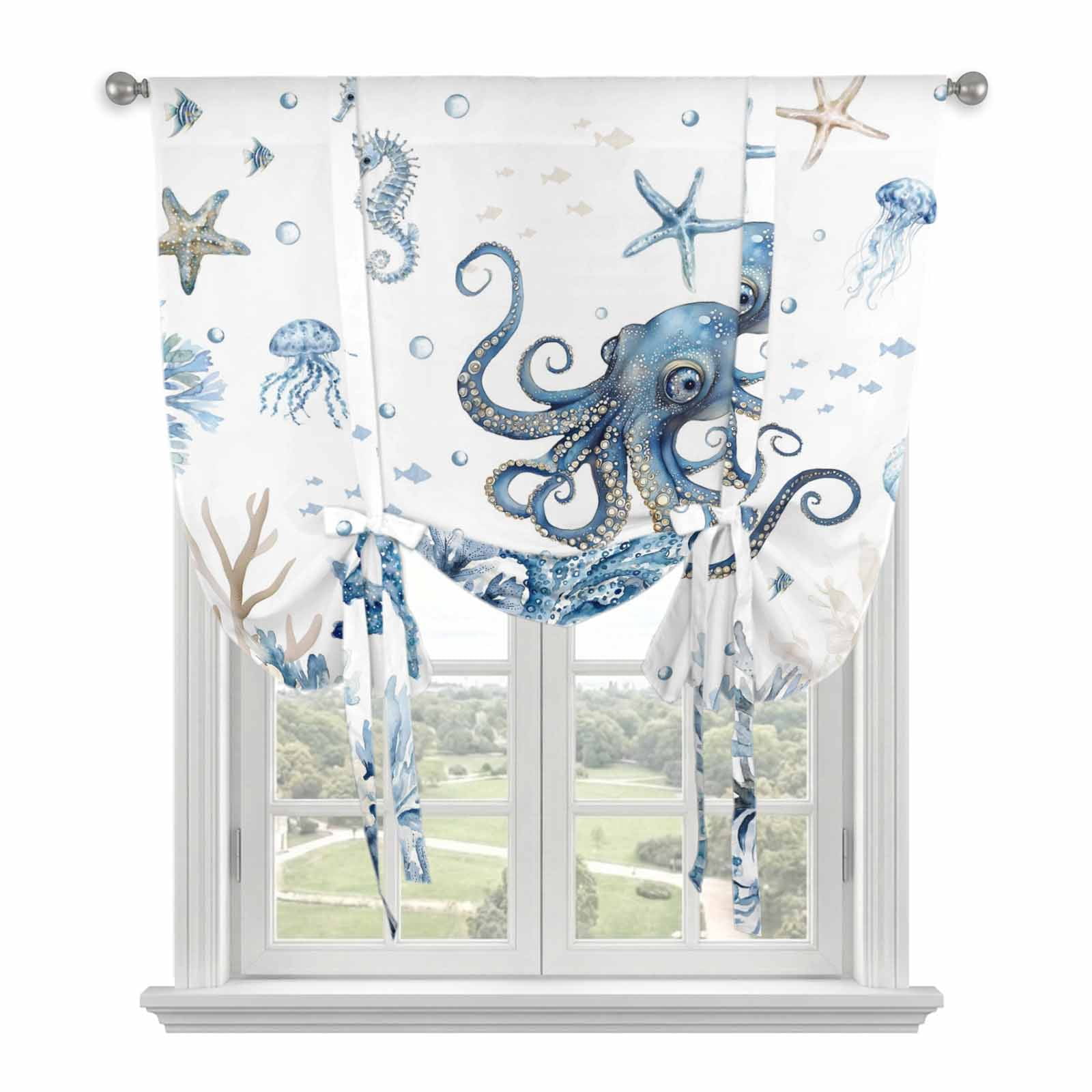 Blue Coastal Octopus Tie Up Curtains for Window, Thermal Insulated ...