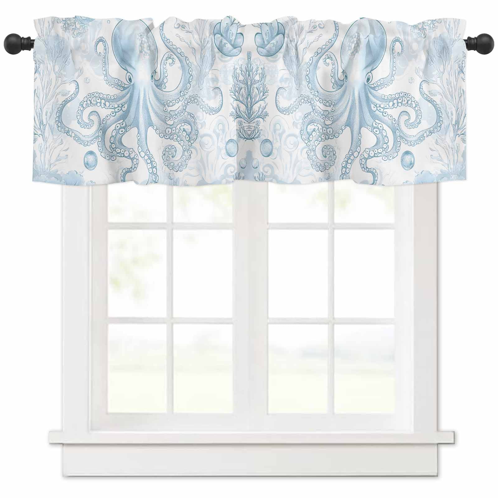 Blue Coastal Octopus Valances for Windows Farmhouse Kitchen Curtains ...
