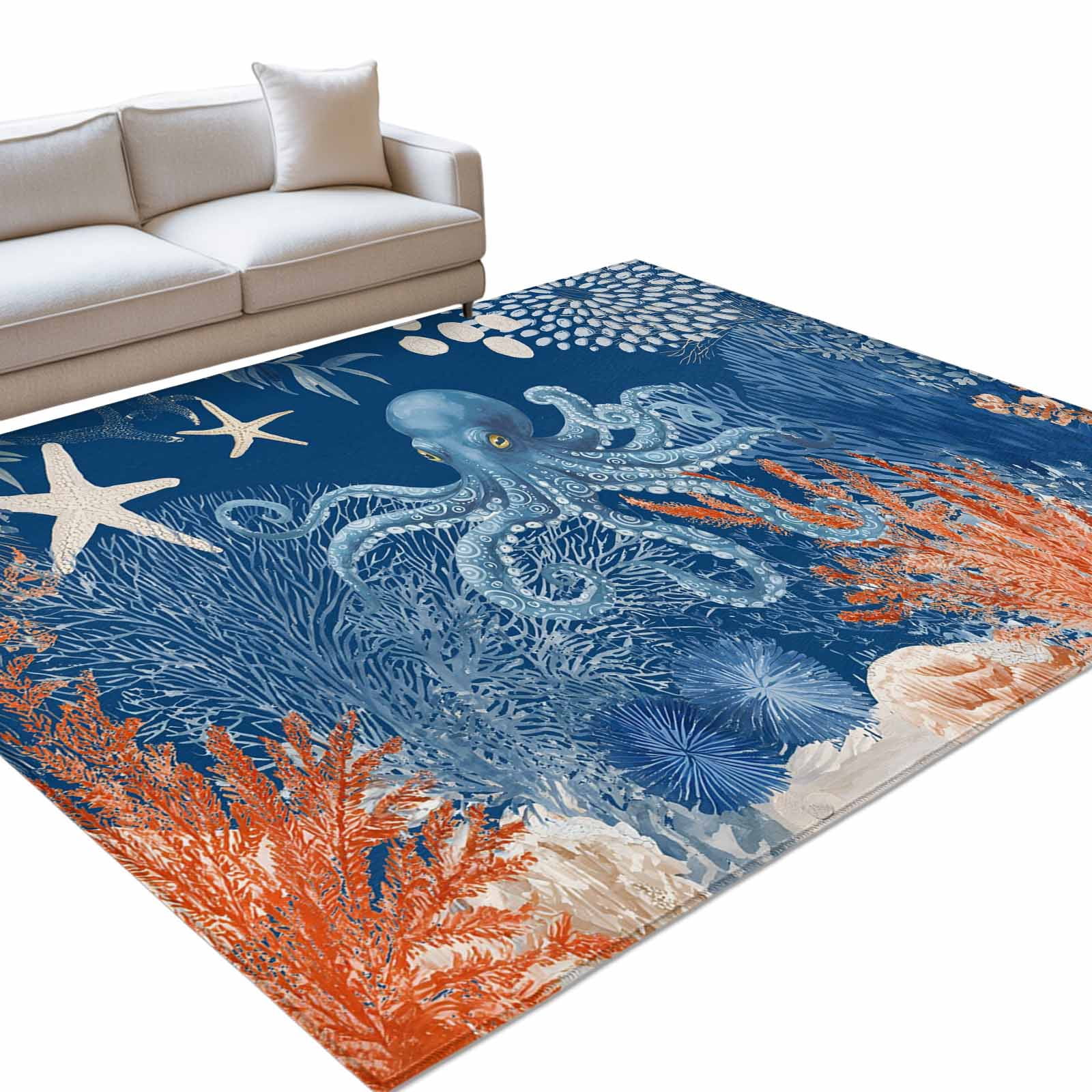 Blue Coastal Octopus Washable Rug 2.7x5 Area Rug for Living Room ...