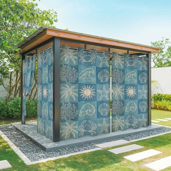 Blue Coastal Outdoor Curtains for Patio, Summer Ocean Waves Shell Crab ...