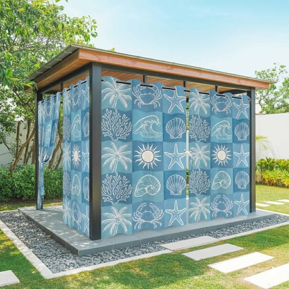 Blue Coastal Outdoor Curtains for Patio, Summer Ocean Waves Shell Crab ...